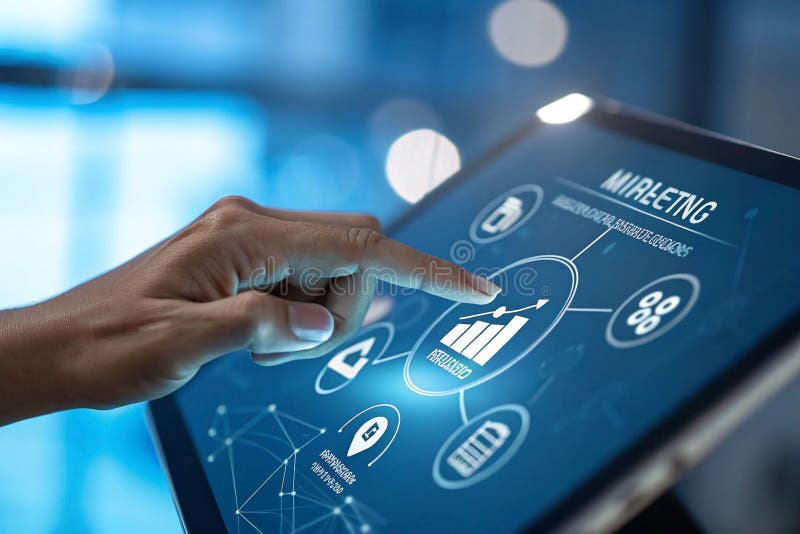 Hand Using Tablet, Digital Marketing Interface Stock Illustration ...