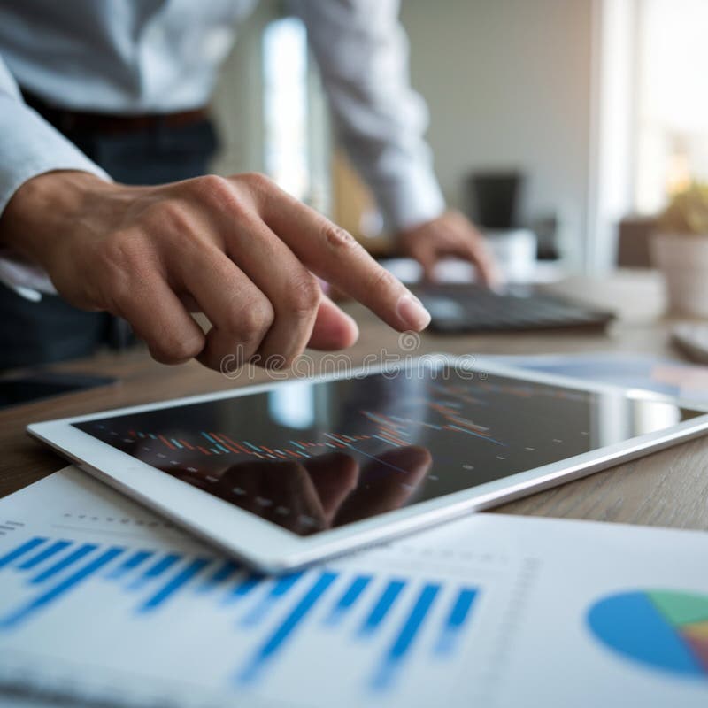 Hand Using Tablet with Line Chart, Emphasizing Office Data Analysis ...