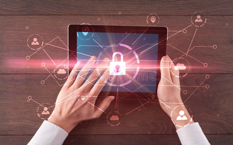 Hand Using Tablet with Network Security and Online Storage System ...