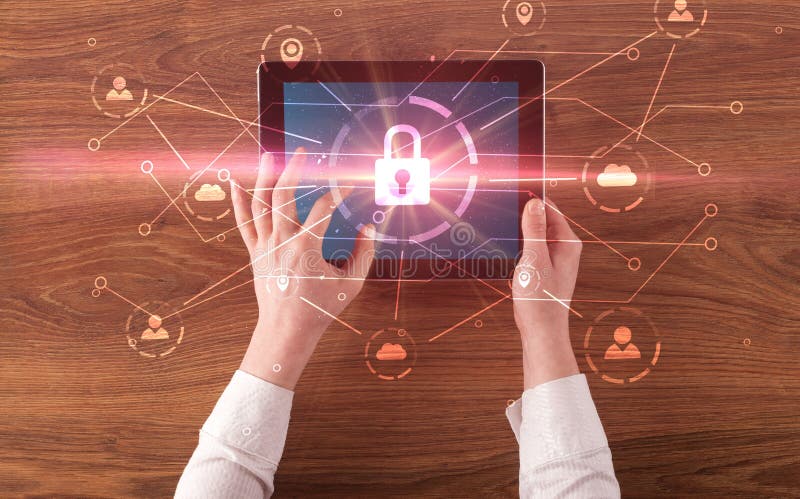 Hand Using Tablet with Network Security and Online Storage System ...