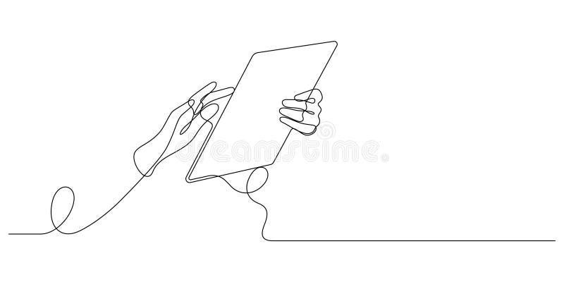 Hand Using Tablet Online Working and Communication One Line Drawing ...