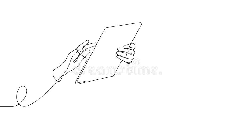 Hand Using Tablet Online Working and Communication One Line Drawing ...