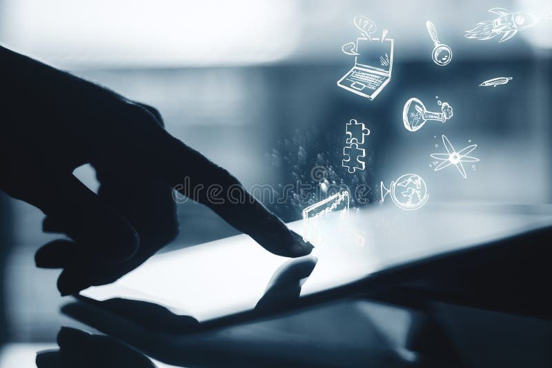 Hand Using Tablet with Sketch Stock Image - Image of chart, backlit ...