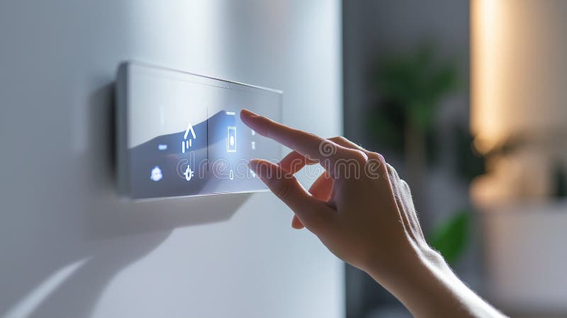 Hand Using Touch Thermostats, Dimmers Smart Home Devices Stock Image ...