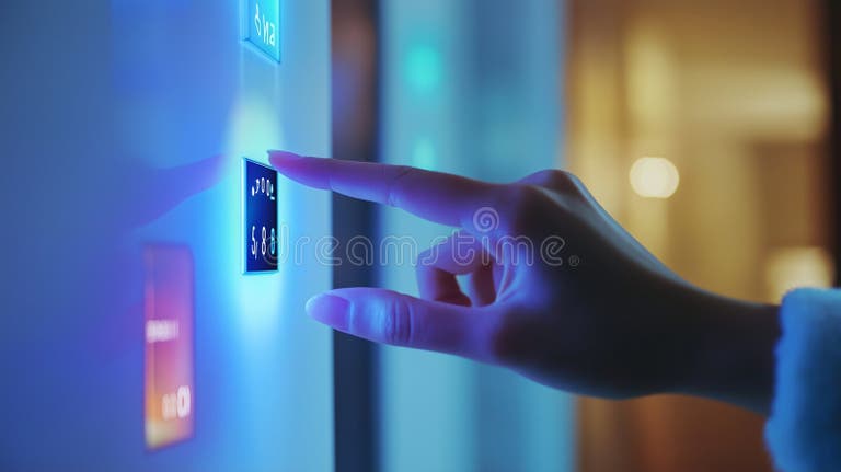 Hand Using Touch Thermostats, Dimmers Smart Home Devices Stock Photo ...