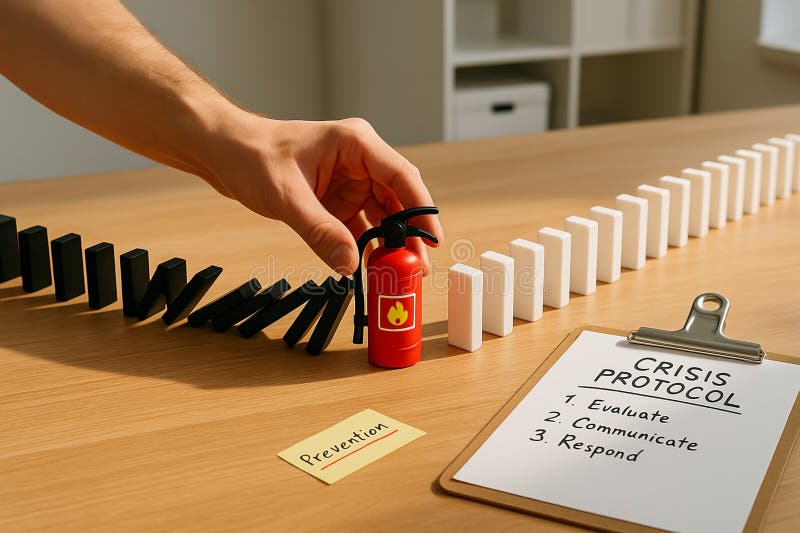 Hand Using Toy Fire Extinguisher To Stop Falling Dominoes, Illustrating ...
