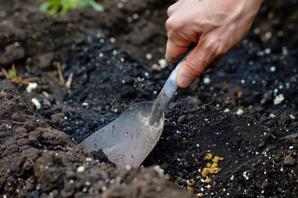 Hand Using a Trowel To Spread Compost in a Garden Bed Stock Image ...