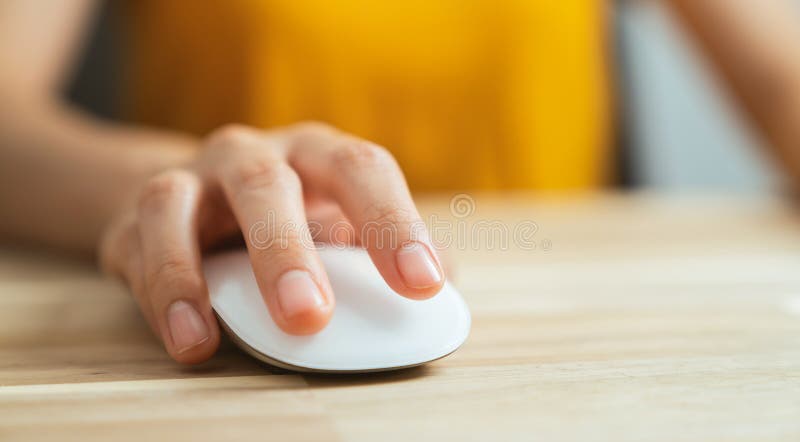 Hand Using White Mouse on the Wood Table Stock Image - Image of office ...