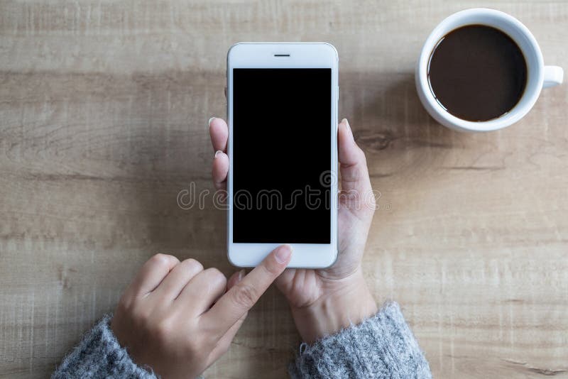 Hand Using White Smart Phone Black Screen on Top View, with White ...