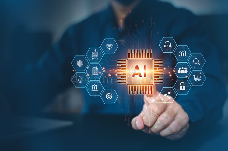 Hand with Virtual for Brain Digital Technology AI System Development or ...