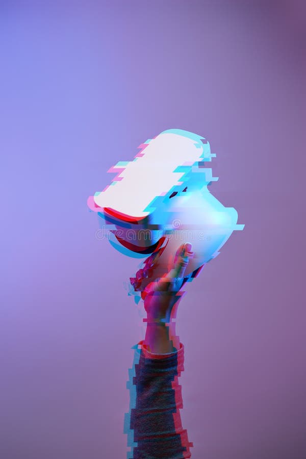 Technology Glitch Color Background With Grid Head On Blue. AI ...