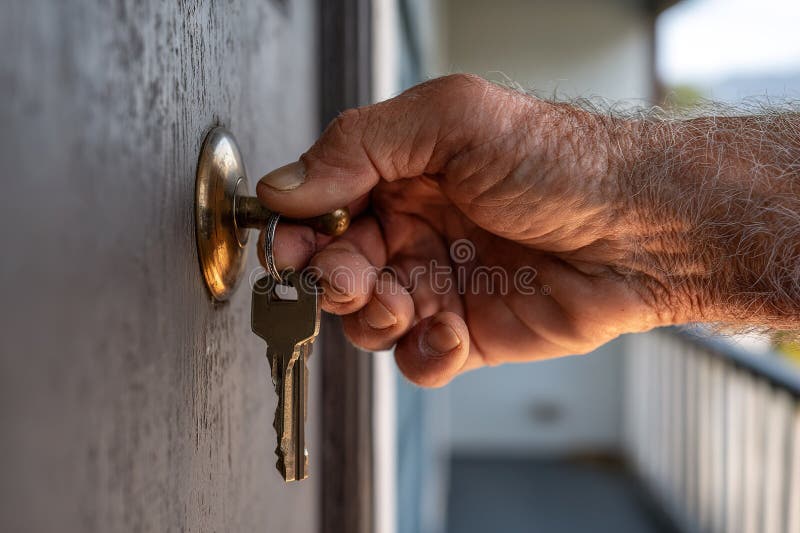 Hand Inserting a Key into a Door Lock while Accessing an Apartment in ...