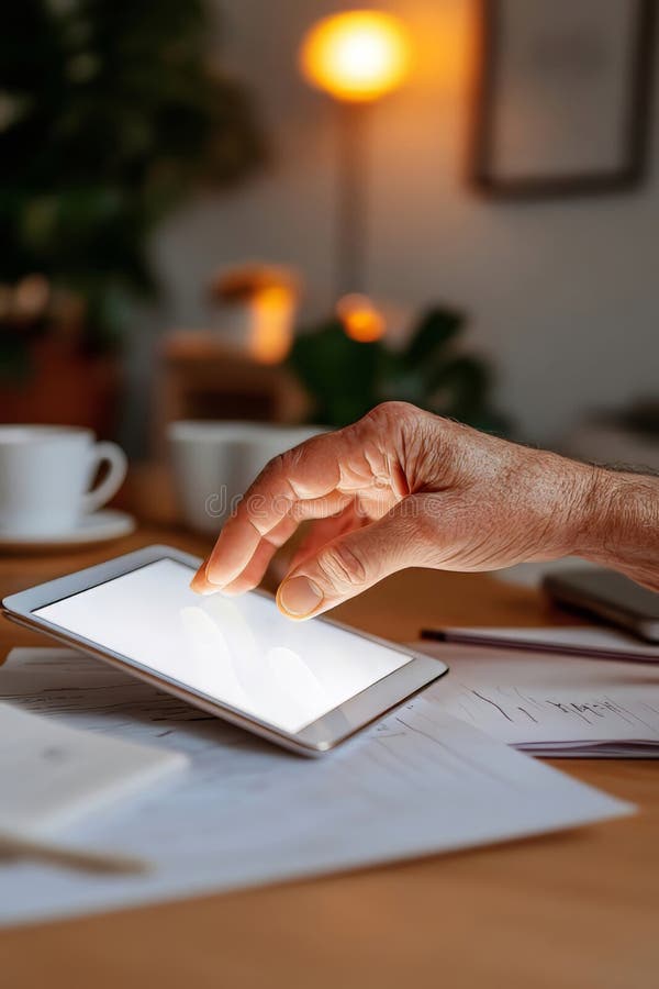 Hand with Visible Veins Gently Touching a Sleek Tablet Screen in a ...