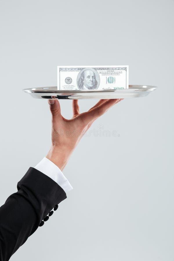 Hand of Waiter Holding Tray with Money Stock Photo - Image of concept ...