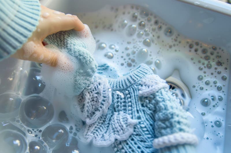 Hand Washing a Baby Sweater in a Sink with Bubbles Stock Image - Image ...