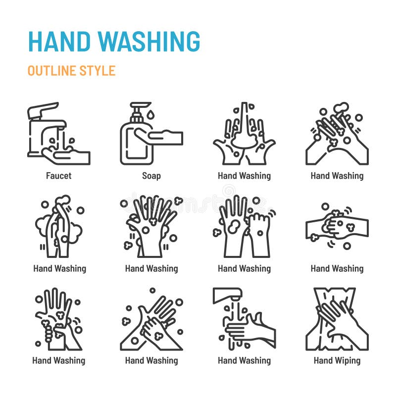 Hand Washing in Outline Icon and Symbol Set Stock Vector - Illustration ...