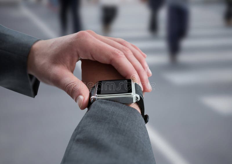 Hand with Watch Against Blurry Street with People Stock Image - Image ...