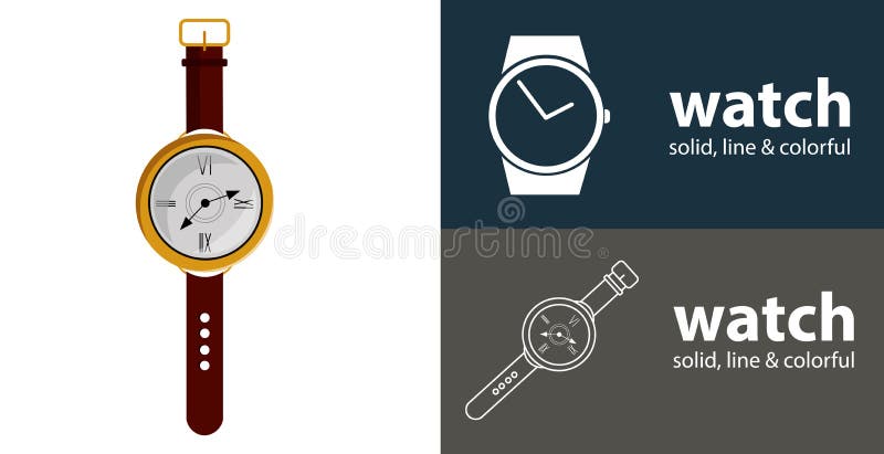 Hand Watch Vector Flat Icon with Watch Solid, Line Icons Stock Vector ...