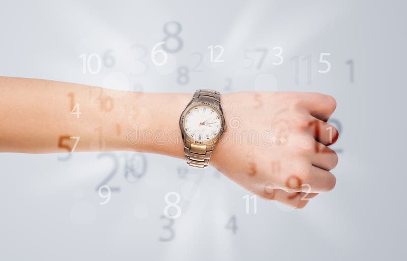 Hand with Watch and Numbers on the Side Comming Out Stock Image - Image ...