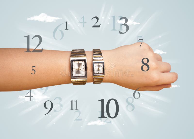 Hand with Watch and Numbers on the Side Comming Out Stock Image - Image ...