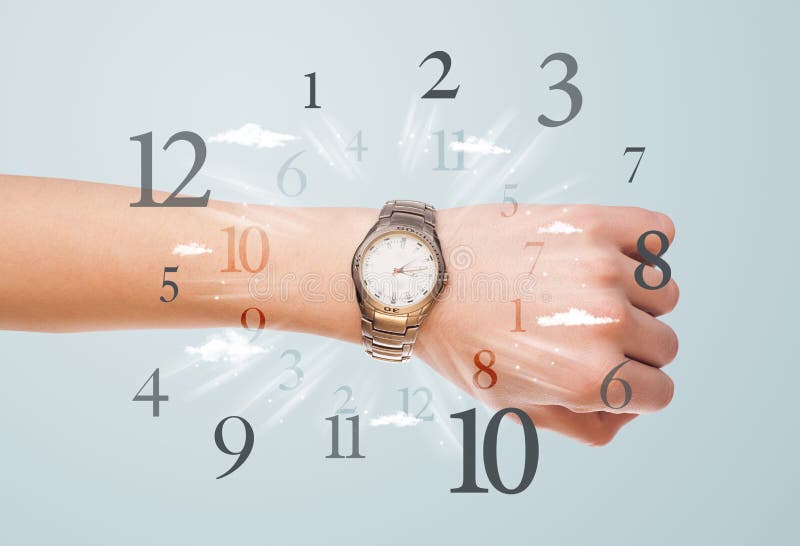 Hand with Watch and Numbers on the Side Comming Out Stock Image - Image ...