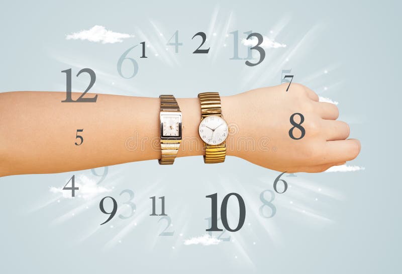 Hand with Watch and Numbers on the Side Comming Out Stock Image - Image ...