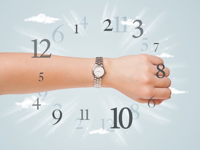 Hand with Watch and Numbers on the Side Comming Out Stock Photo - Image ...