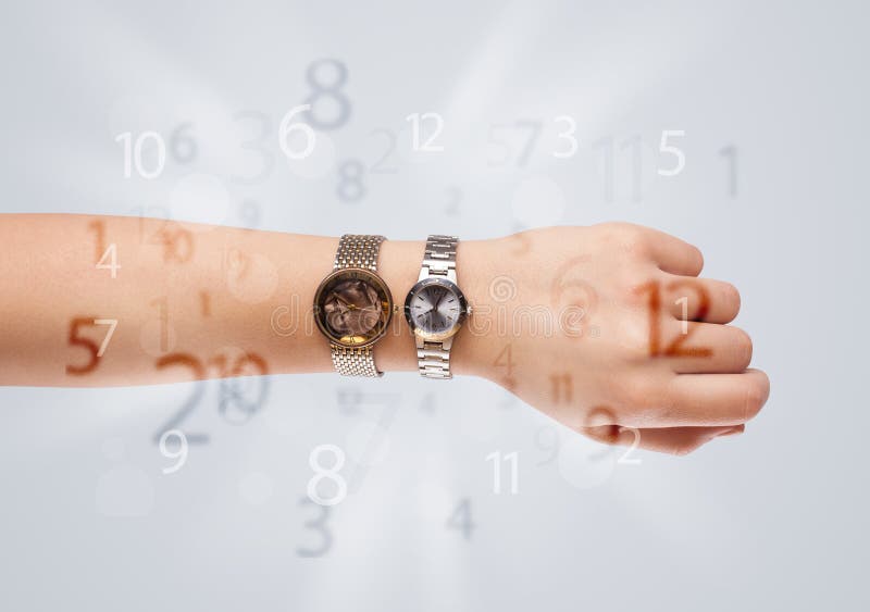 Hand with Watch and Numbers on the Side Comming Out Stock Photo - Image ...