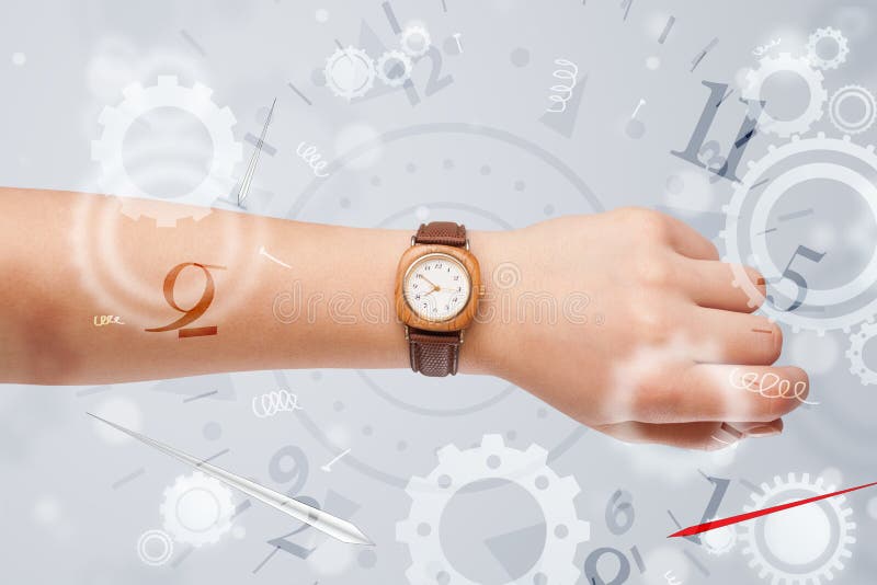 Hand with Watch and Numbers on the Side Comming Out Stock Photo - Image ...