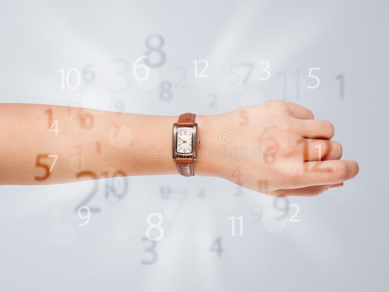 Hand with Watch and Numbers on the Side Comming Out Stock Photo - Image ...