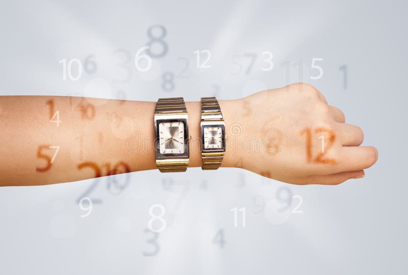 Hand with Watch and Numbers on the Side Comming Out Stock Photo - Image ...