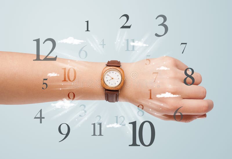 Hand with Watch and Numbers on the Side Comming Out Stock Image - Image ...