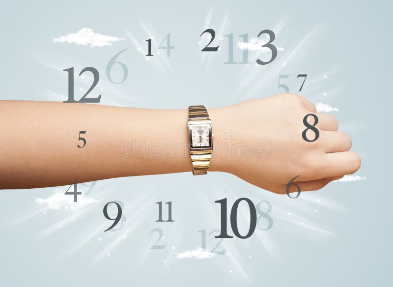 Hand with Watch and Numbers on the Side Comming Out Stock Photo - Image ...