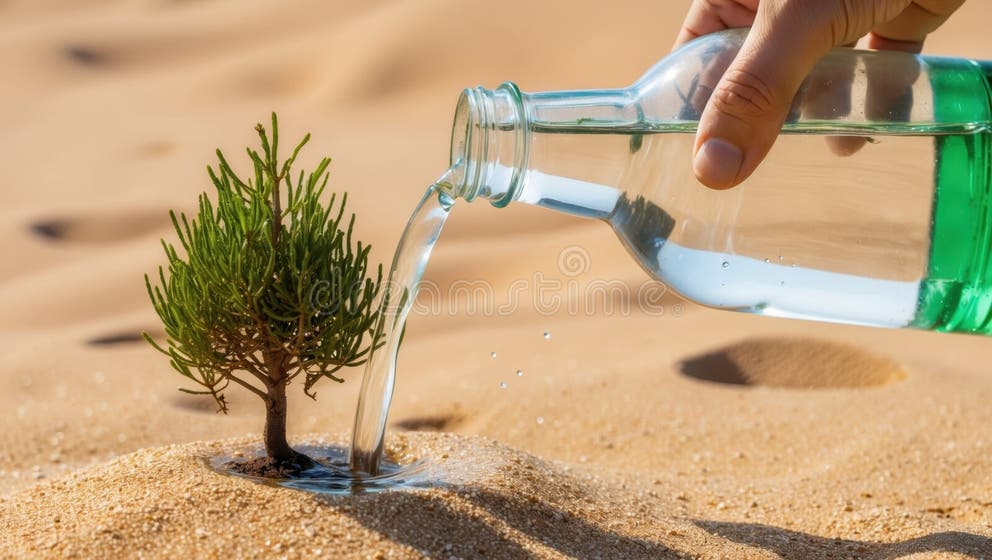 Hand Watering Tree Sapling in Dry Sandy Desert Stock Photo - Image of ...