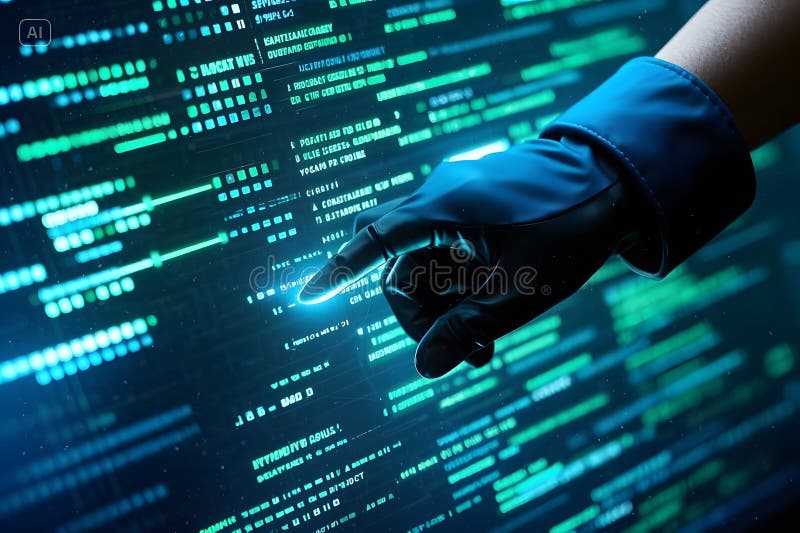 A Hand in a Glove Interacting with Glowing Code Stock Illustration ...