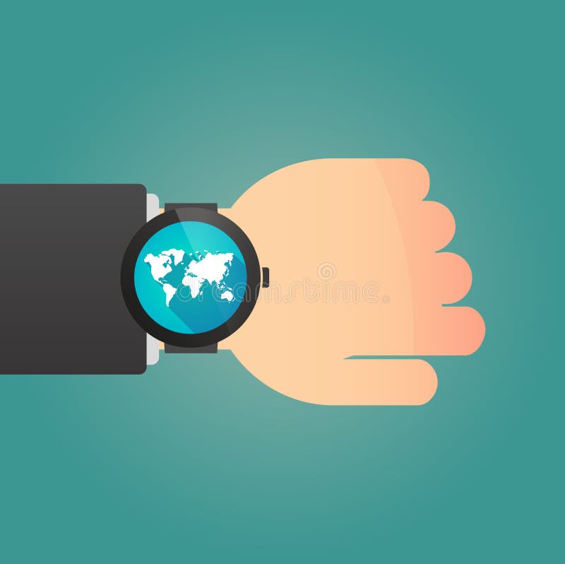Hand Wearing a Smart Watch Displaying a World Map Stock Illustration ...