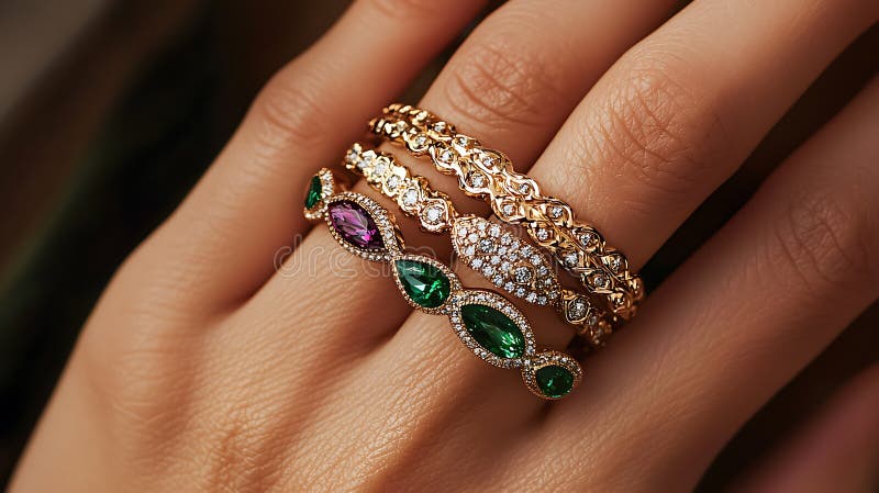 A Hand Wearing a Stack of Rings, One of Which is Green Stock Image ...