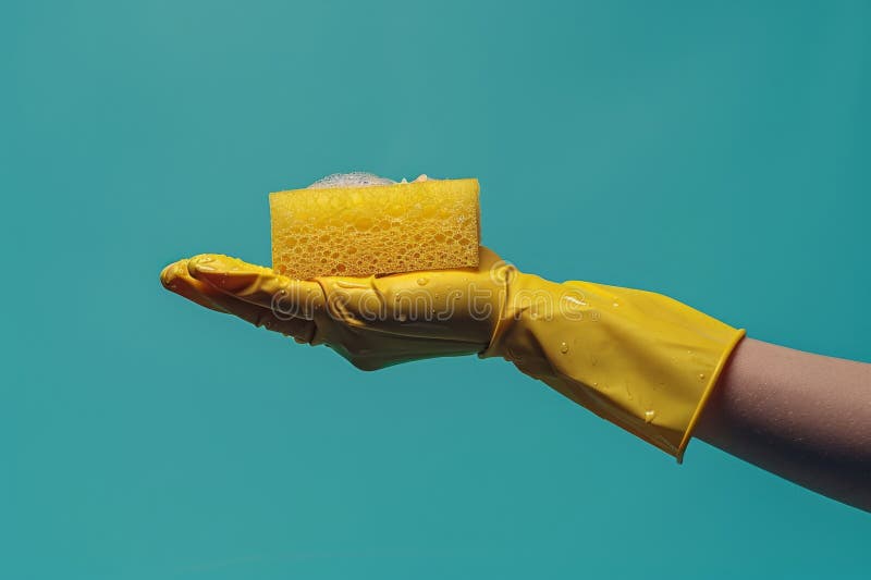 Hand Wearing Yellow Rubber Glove Holding Soapy Sponge on Blue ...