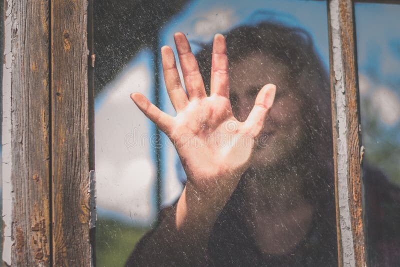 Hand on the Window Glass Table Inside Looking for Touch Stock Image ...