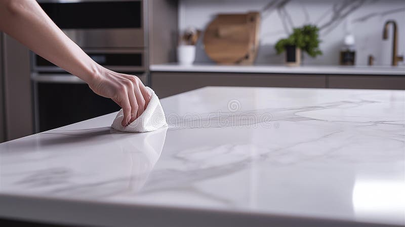 A Photorealistic Image of a Person Wiping Down a White Marble Kitchen ...