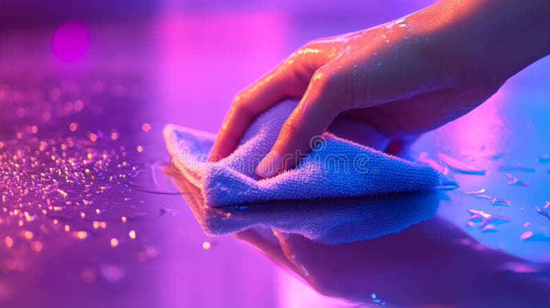 A Hand Wipes a Reflective Surface with a Soft Cloth. the Bright Colors ...