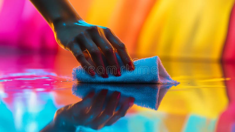 A Hand Wipes a Reflective Surface with a Sponge. Vibrant Colors Create ...