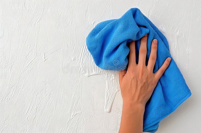 A Hand Wipes a White Surface with a Blue Microfiber Cloth. the Cloth ...