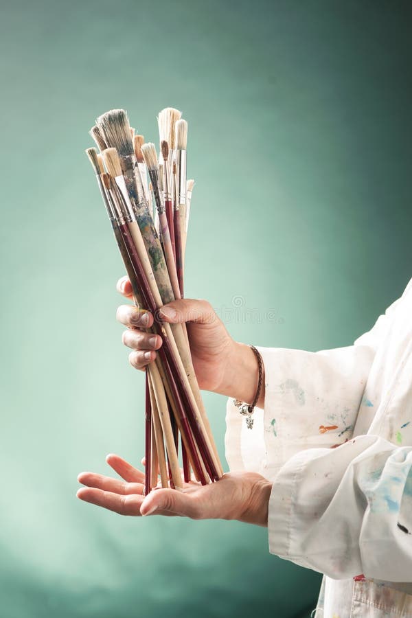 Hand Woman Holding Paint Brushes Stock Photo - Image of bristle ...