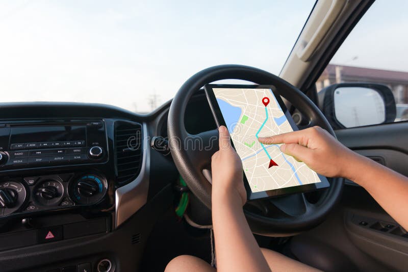 Hand of Woman Using Tablet with Gps Navigator Map Application in Stock ...