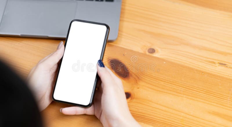 Hand Woman Using a Telephone, Empty Screen Smart Phone and Computer on ...