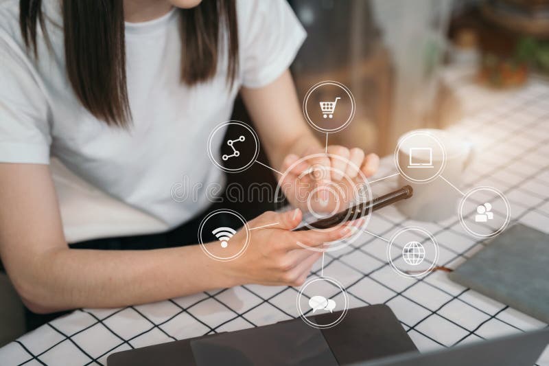 Hand Women Using Smart Phone and Laptop, Social Media Stock Image ...