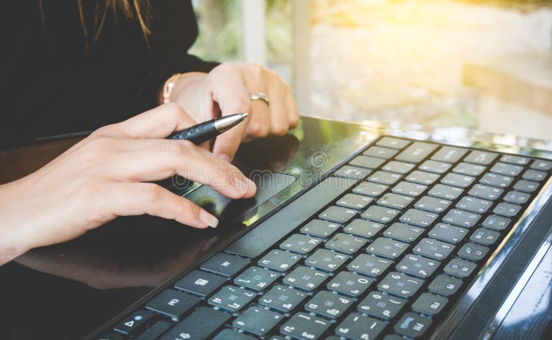 Hand of Work Woman Typing the Keyboard with Sunligh Stock Image - Image ...