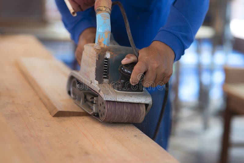 Hand Worker Grinds the Wood of Sander Machine Stock Image - Image of ...