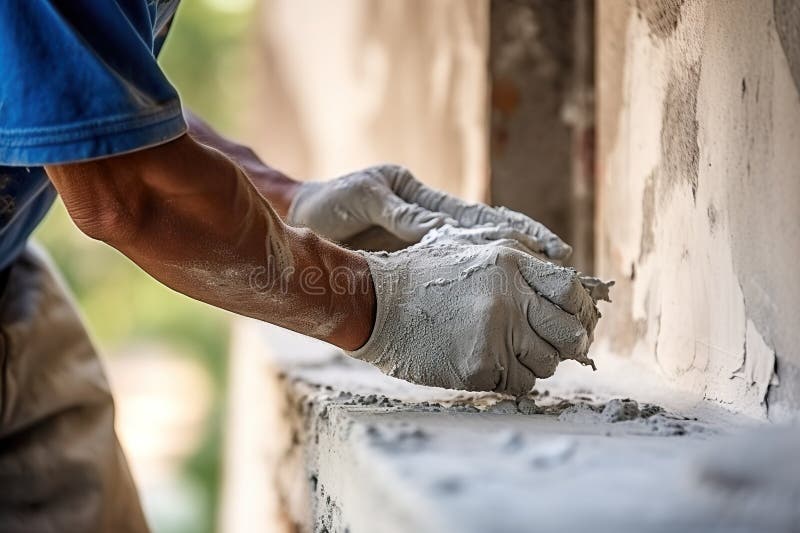 Hand of Worker Plastering Cement at the Wall for Building House Stock ...